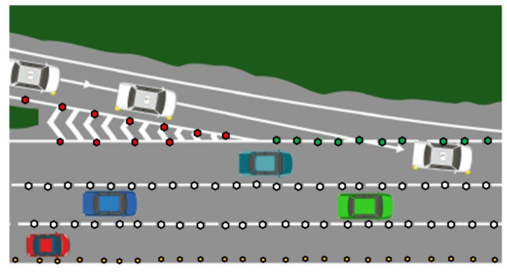 What colour are the reflective studs between a motorway and its slip road?
