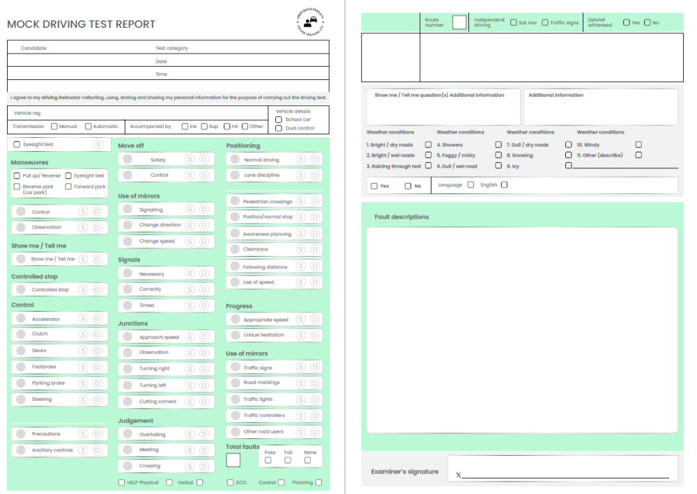 mock test sheet for driving instructors and driving schools
