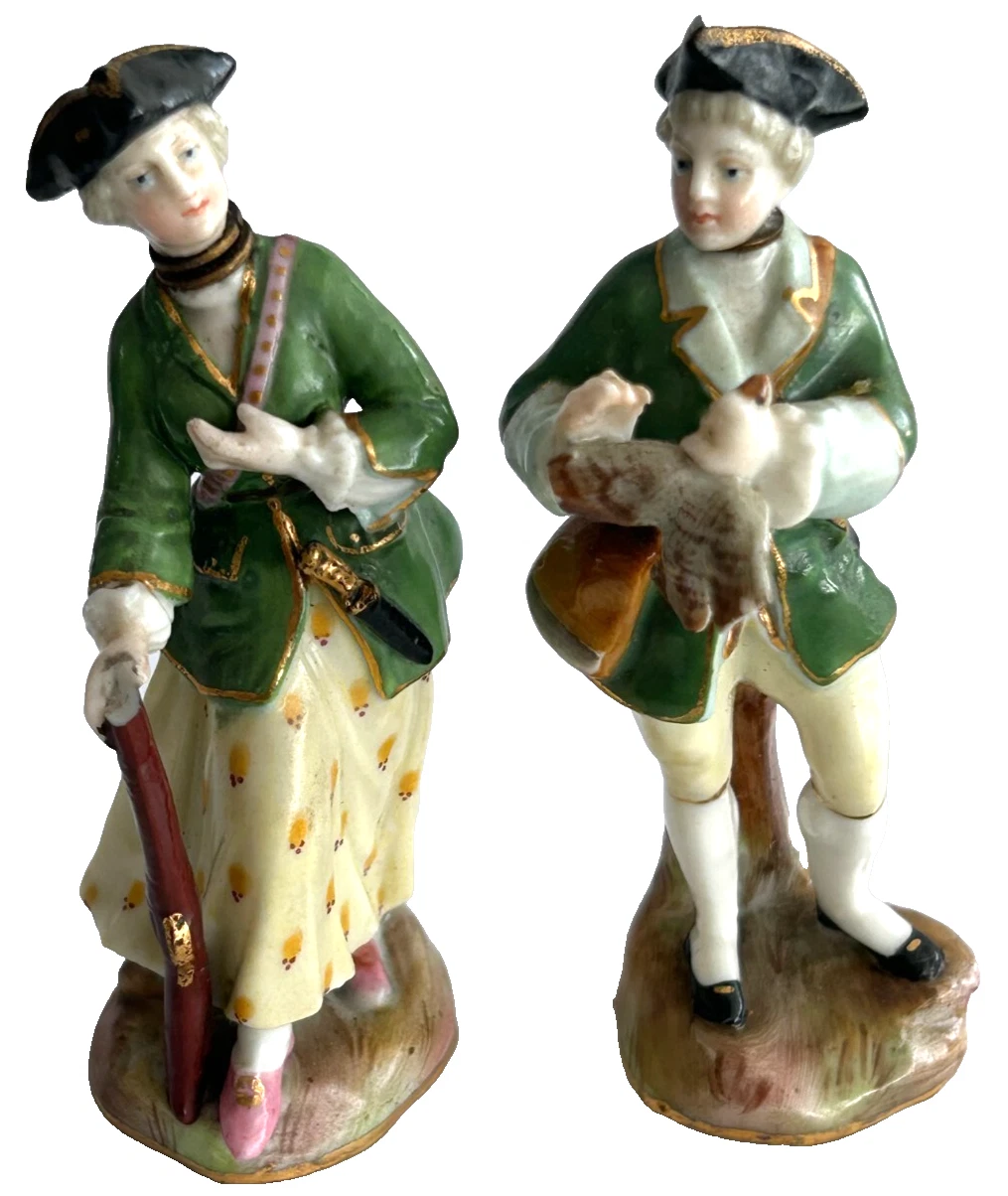 Antique figural porcelain perfume scent bottle Chelsea Bow ? pair