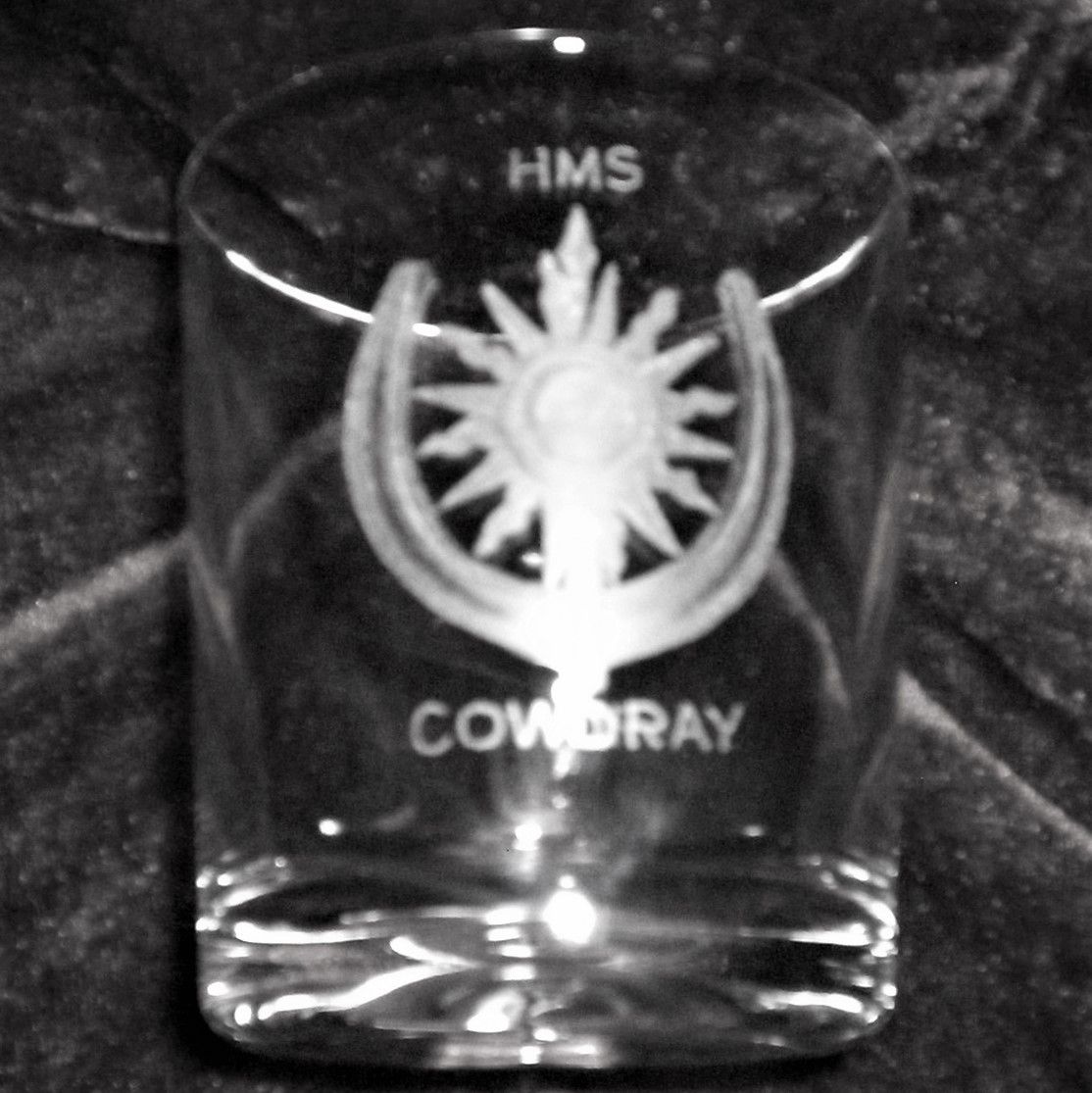 HMS Cowdray Ships Badge Engraved by Rolldove Studio on a mixer glass