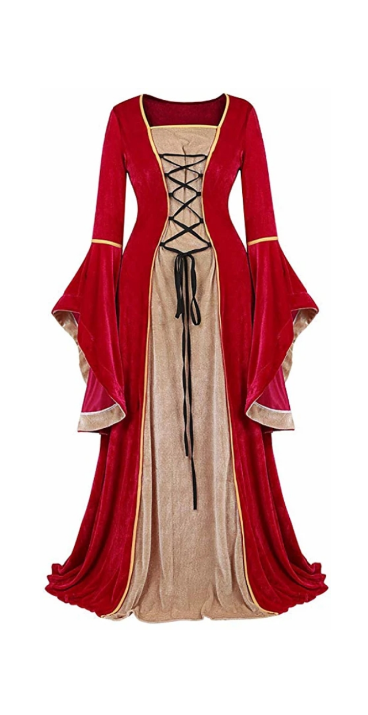 Medieval style panto dress in green or red