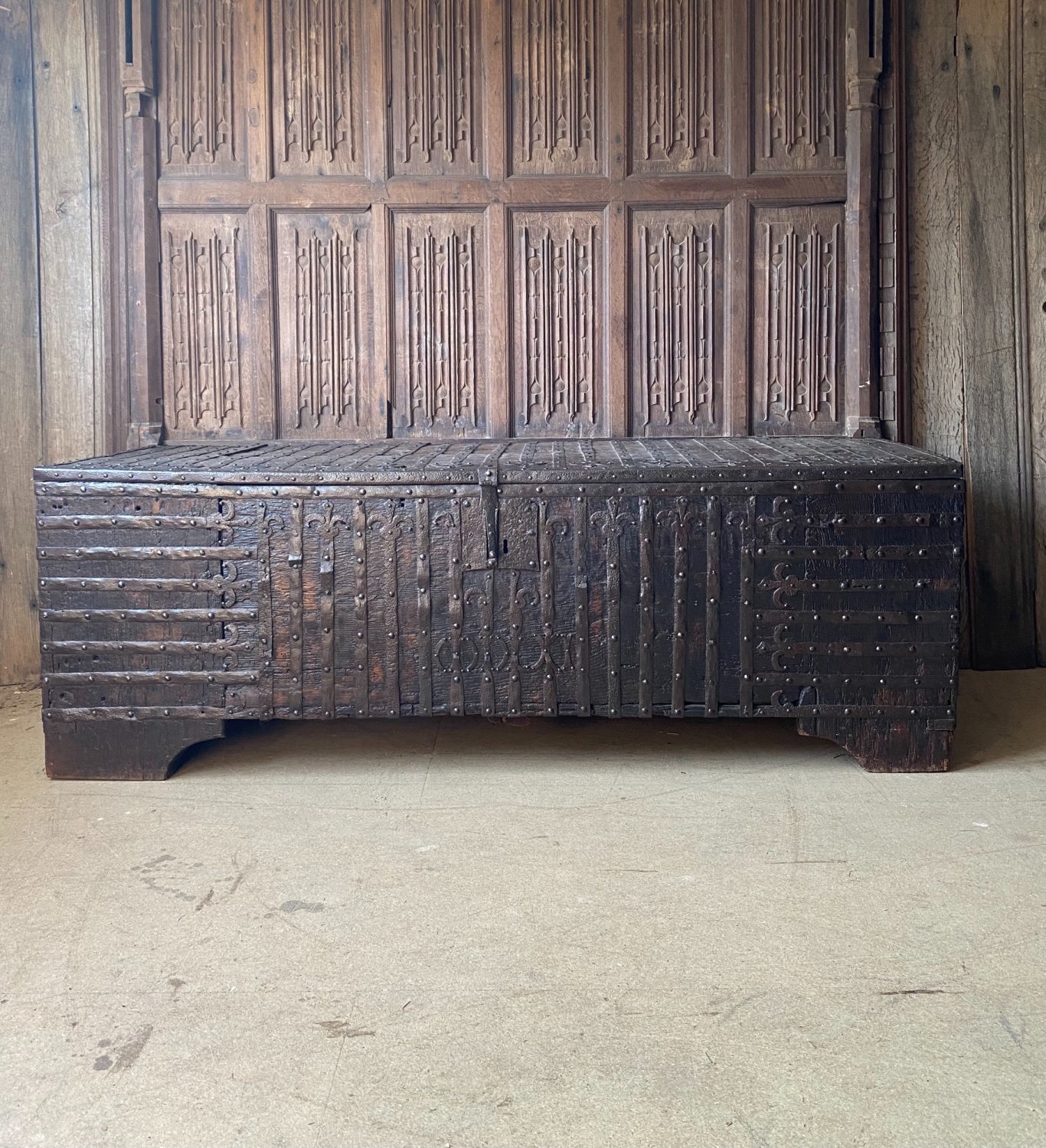 14TH century medieval oak and iron bound clamp front chest
