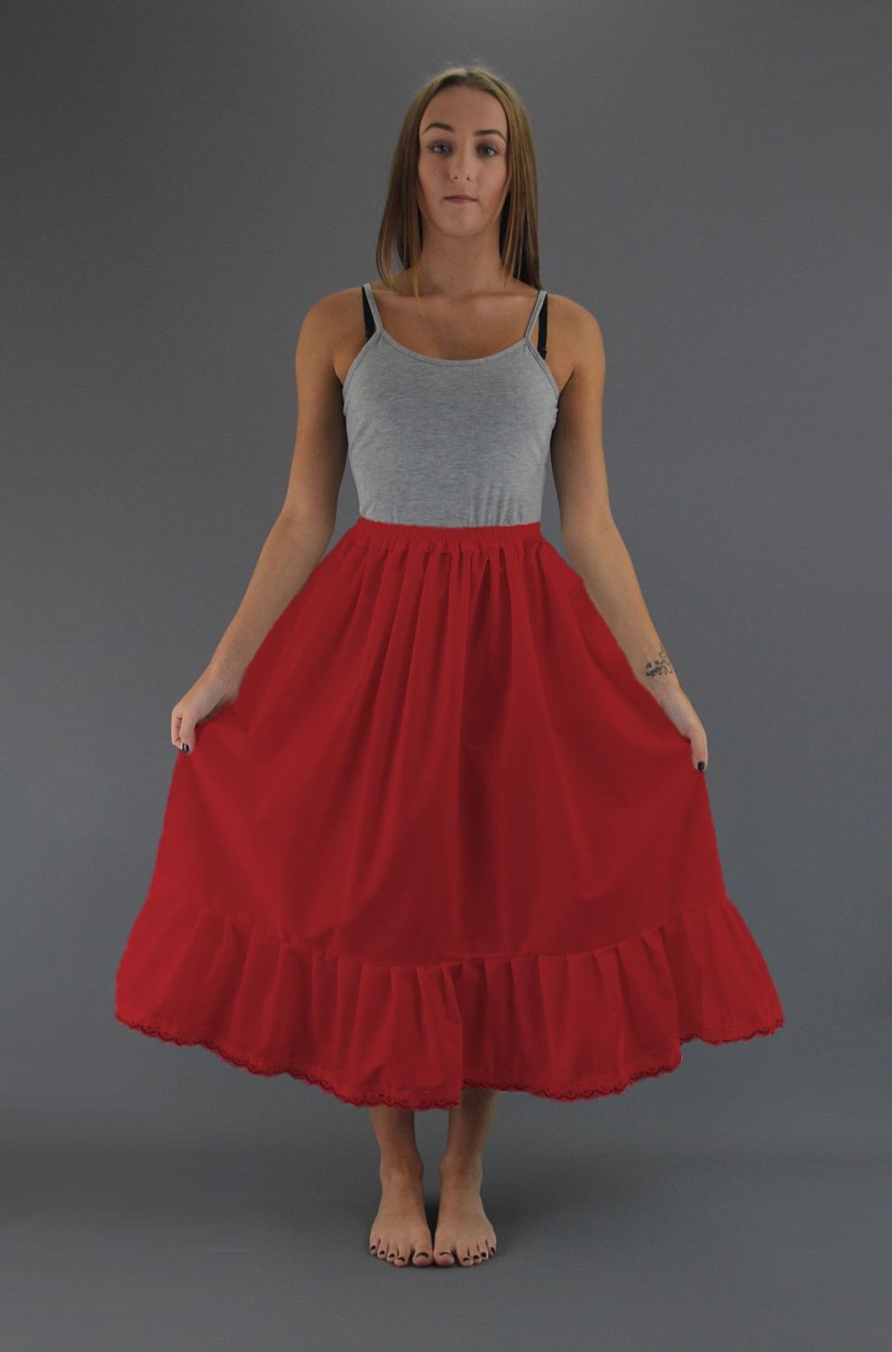 Red Cotton Slip Edged With Lace Trim