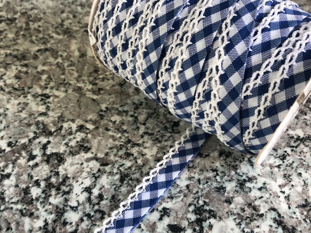 royal blue gingham check pattern bias binding lace edge fabric trimming 020