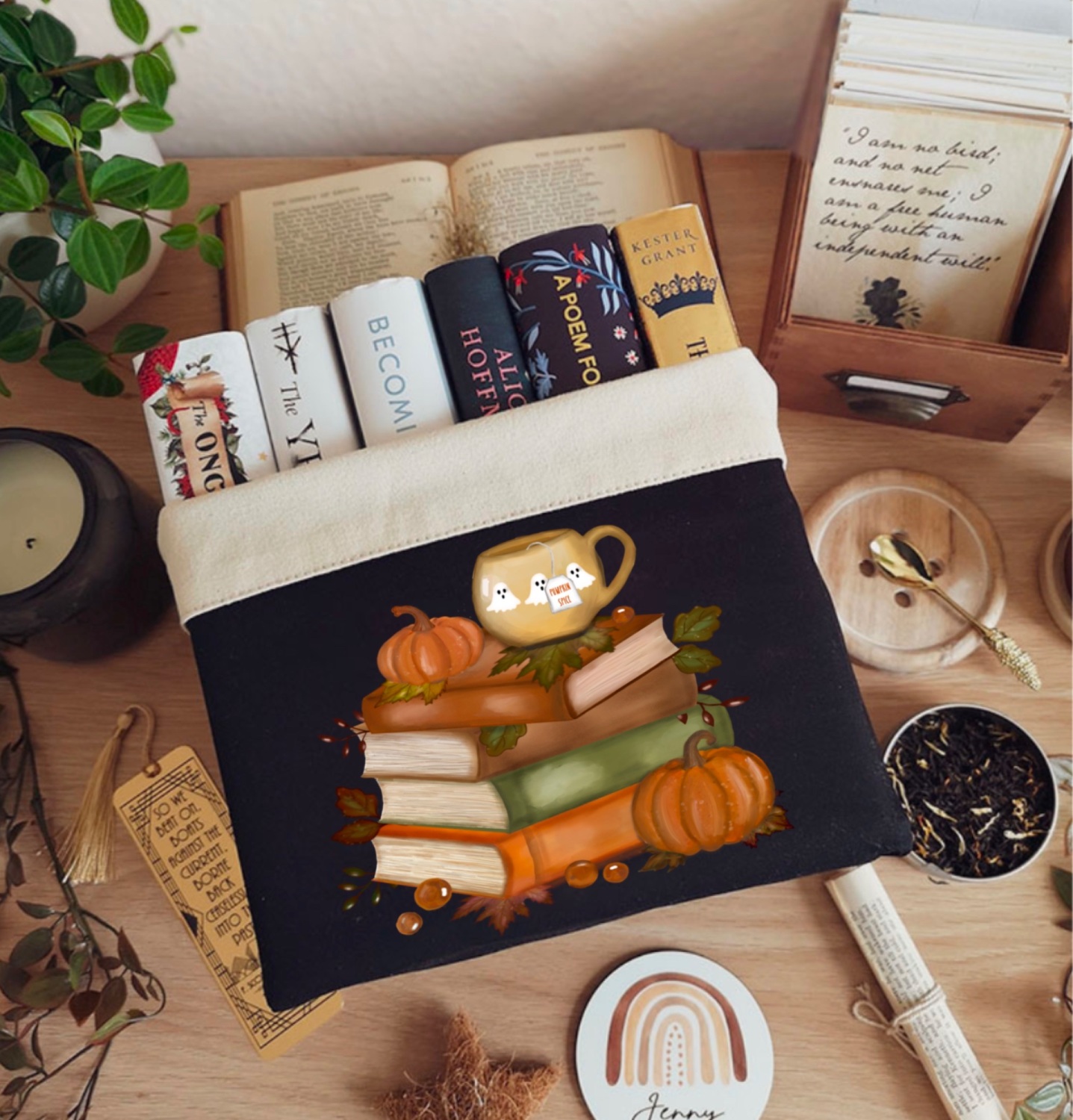 Autumn Book Lover Black, Brown/Orange Book Basket - Large - For ...