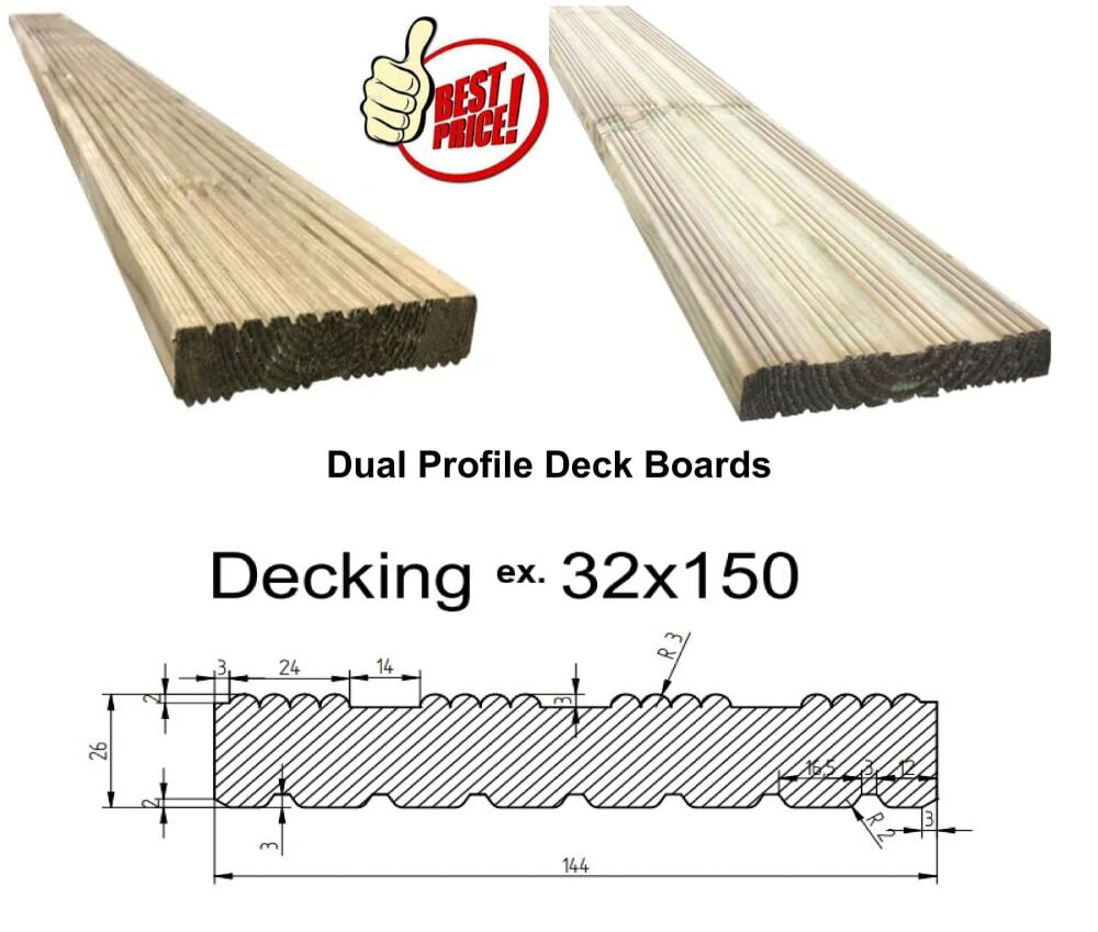 4.8m ex 32mm x 150mm Deck Boards (26mm x 144mm finished size)dual ...