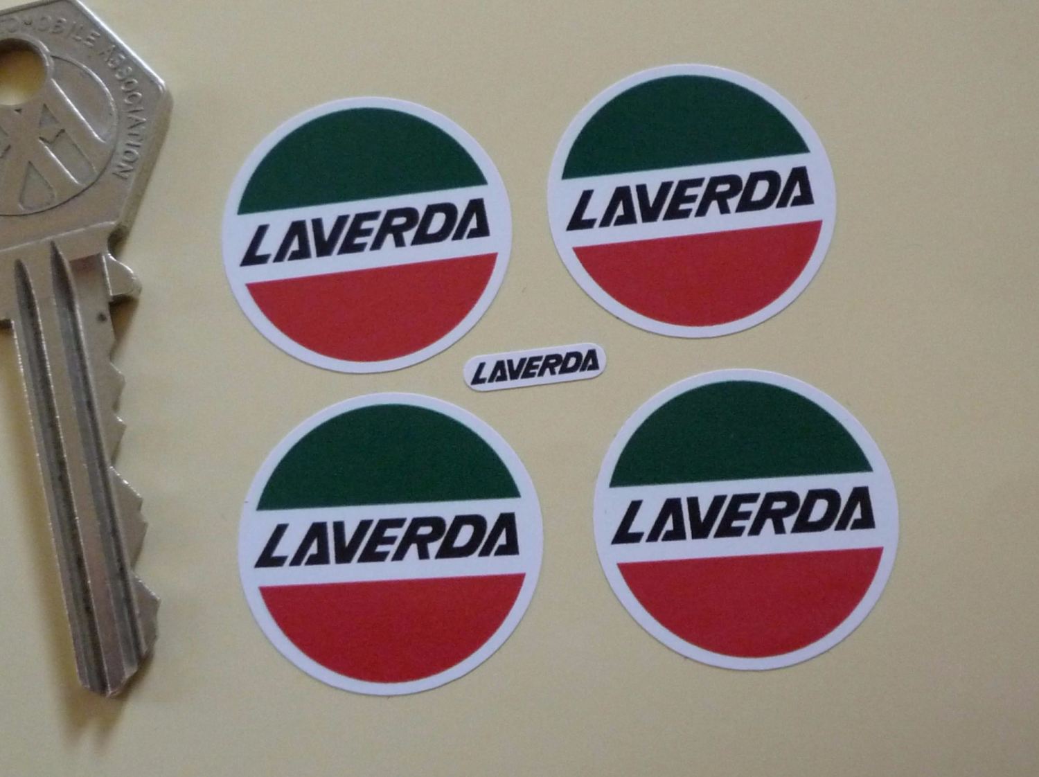 Laverda Printed and Shaped Logo Stickers. 7.5" Pair.