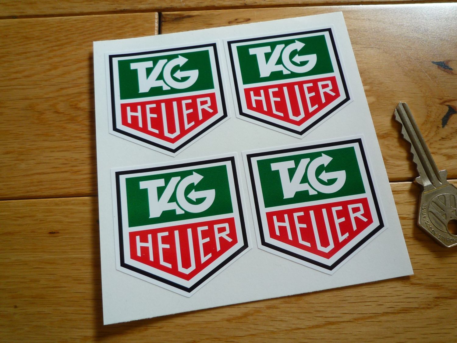 Tag Heuer Red on White Stickers. 3" Pair.