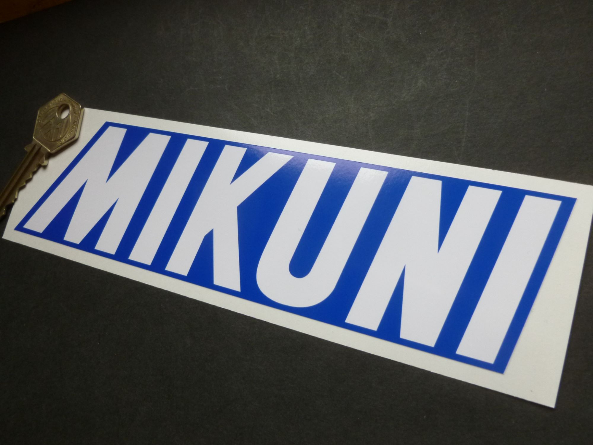 Mikuni Blue & White Stickers. 5" Pair.