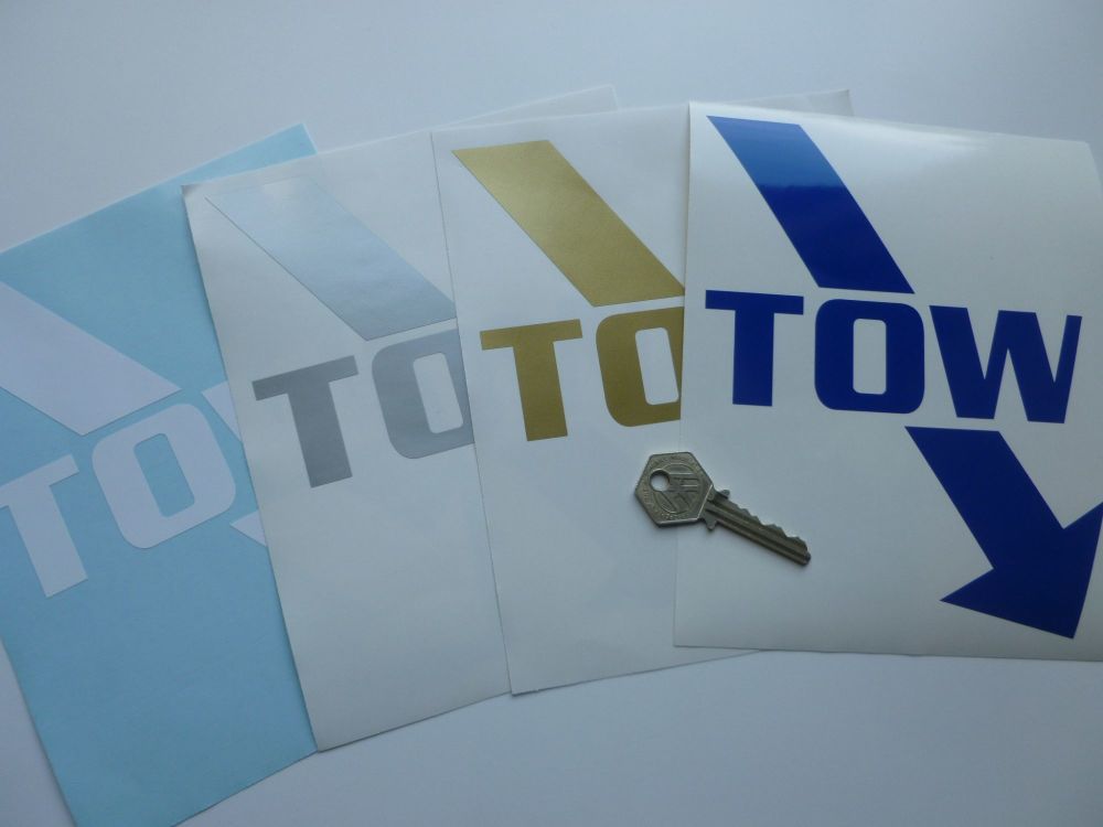 Large TOW & Diagonal Arrow Racing Car Stickers. 5.5" x 7" Pair.