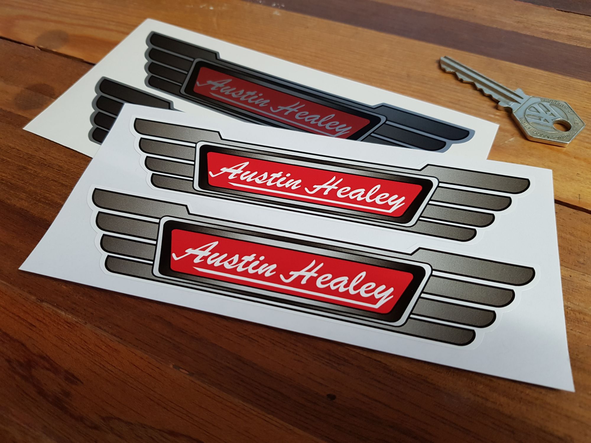 Austin Healey Sprite Crest Circular Silver Stickers. 2.25" Pair.