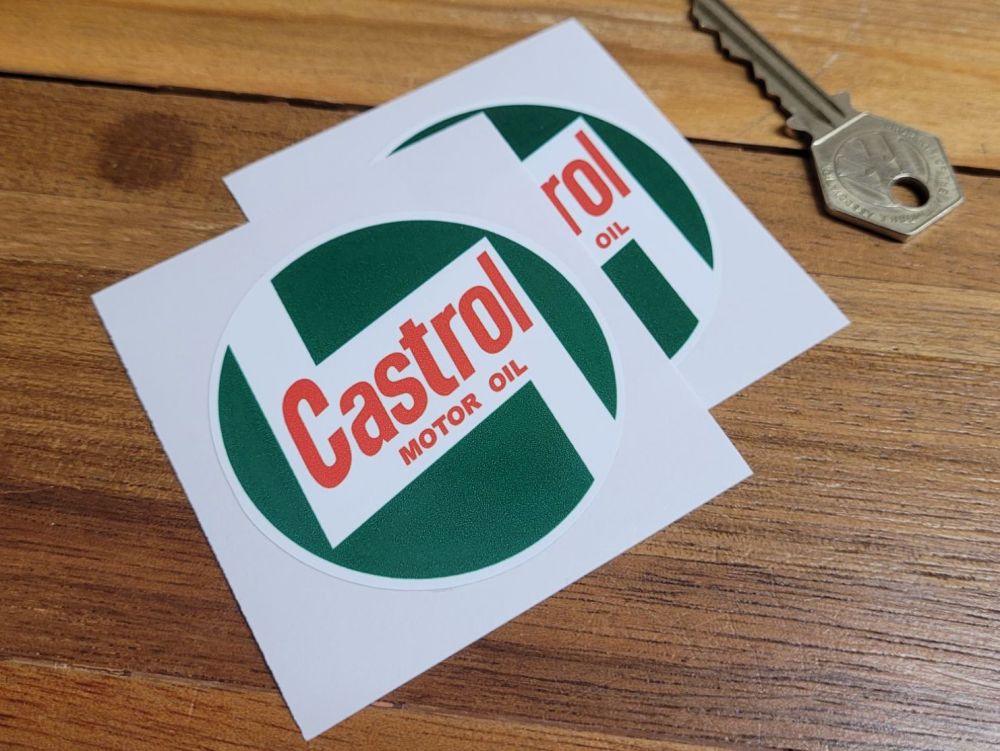 Castrol Motor Oil Historic 50's Style Stickers - Red Text - 2.5" Pair