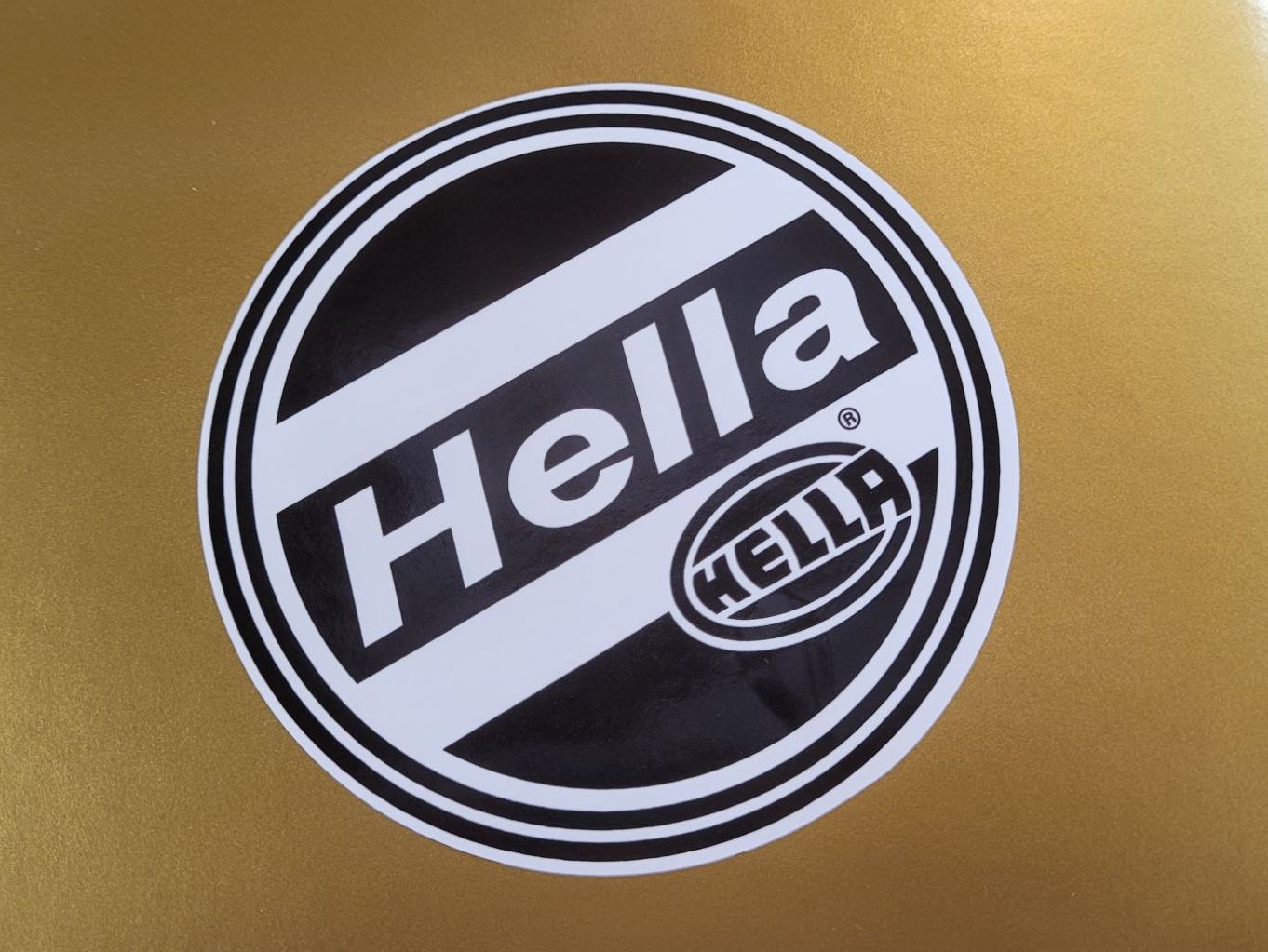 Hella Black & White Circular Small Logo Stickers. 5" Pair.