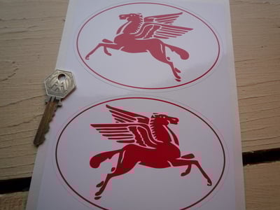 Mobil Pegasus Red & White Oval Stickers. 5" Pair.