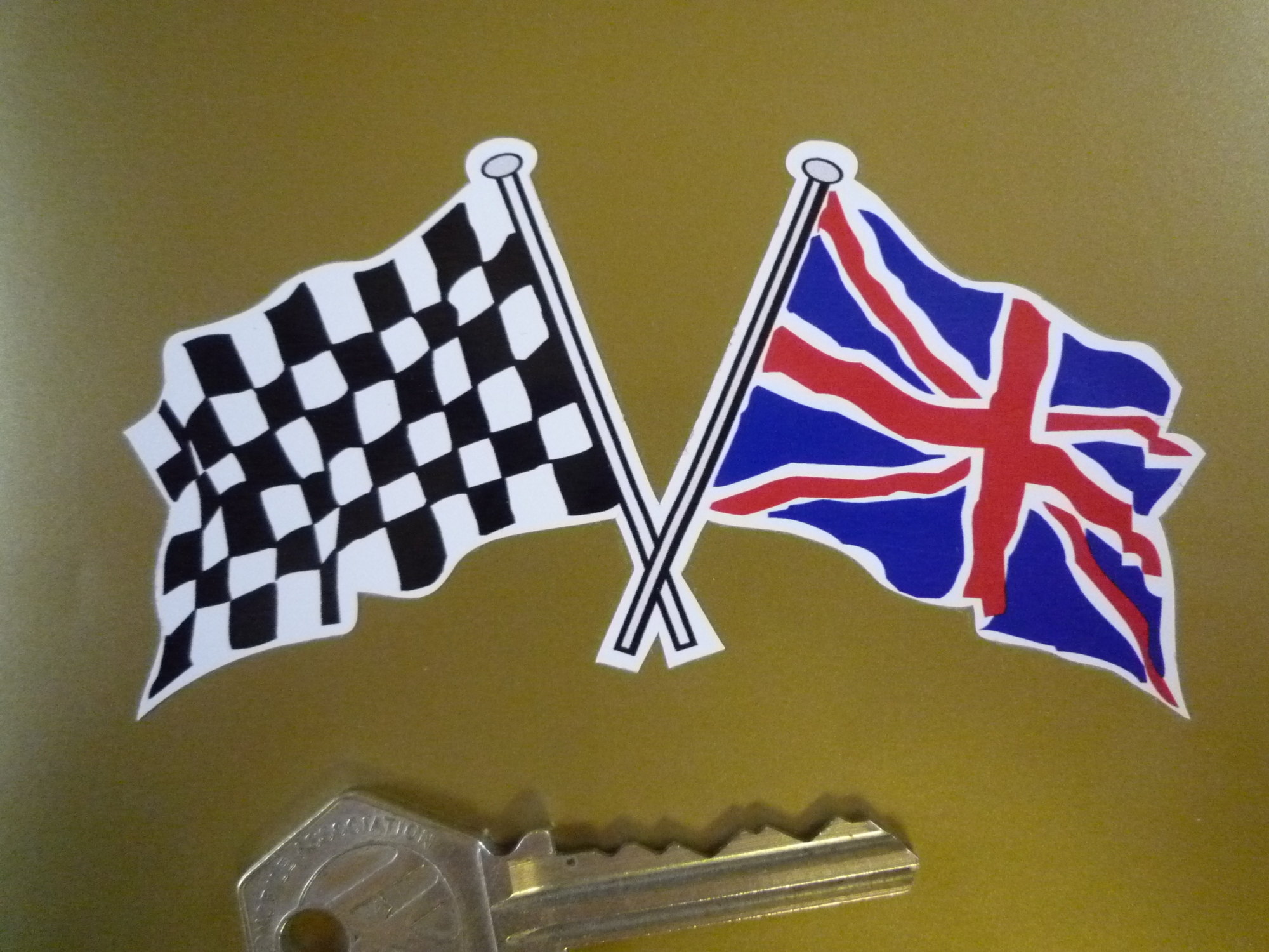 Union Jack & Crossed Chequered Flag Stickers. 2" Pair