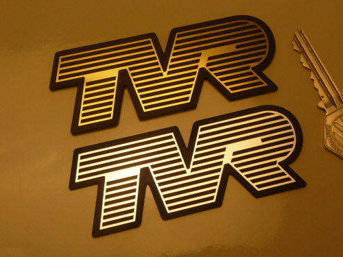 TVR Shaped Blue Striped Text Stickers. Set of 4. 40mm.