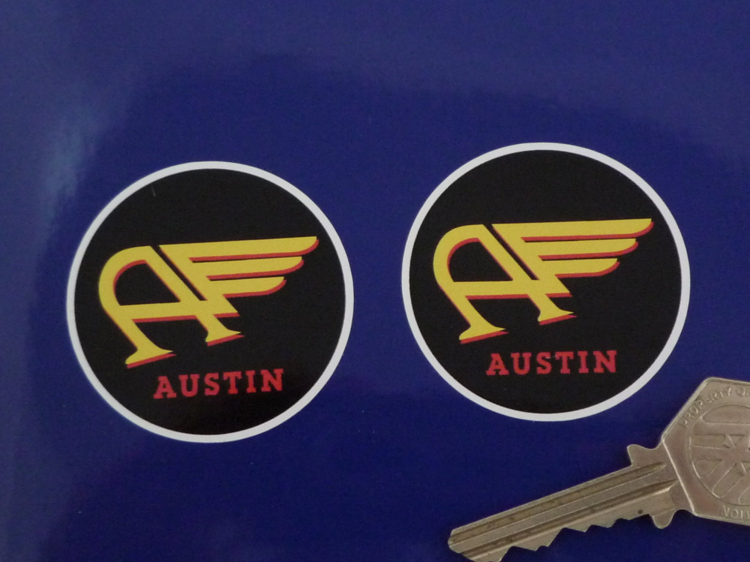 Austin Crest Black Background Circular Silver Stickers. 50mm or 61mm Pair.