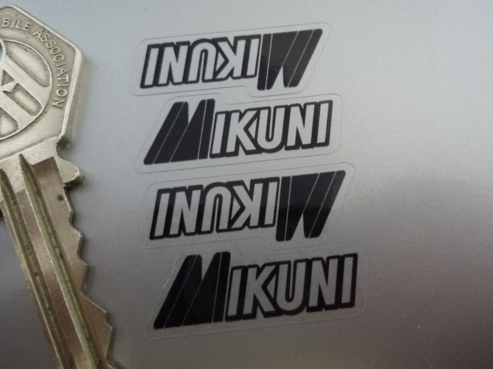 Mikuni Blue & White Stickers. 5" Pair.