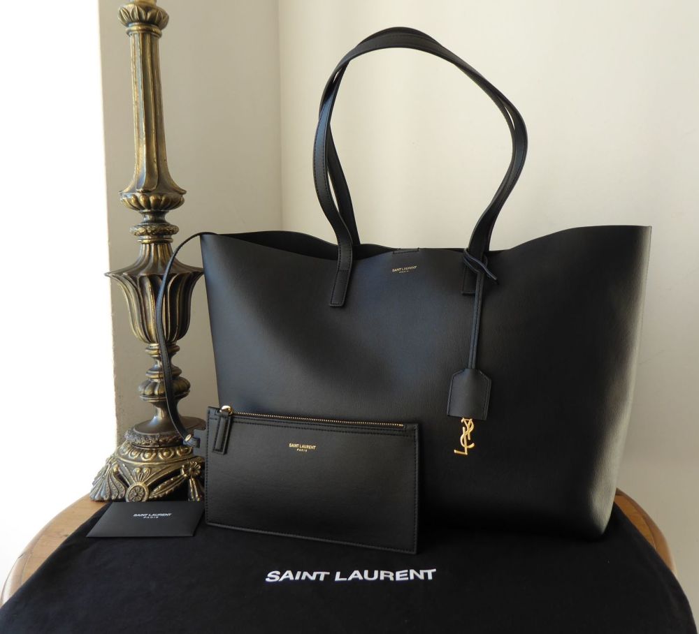 Saint Laurent YSL Sac Shopper Tote And Zip Pouch In Grainy Black Saint Laurent YSL Sac Shopper Tote And Zip Pouch In Grainy Black