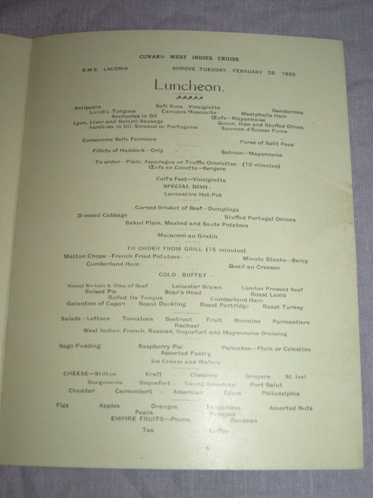 Cunard Line Laconia Lunch Menu Shrove Tuesday 28th February 1933.