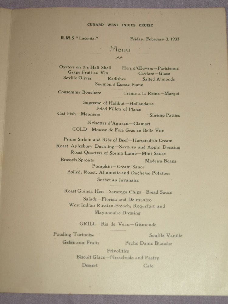 Cunard Line Laconia Dinner Menu 3rd February 1933.