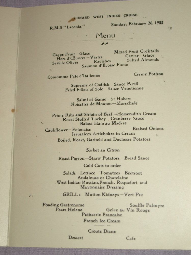 Cunard Line Laconia Dinner Menu 26th February 1933.