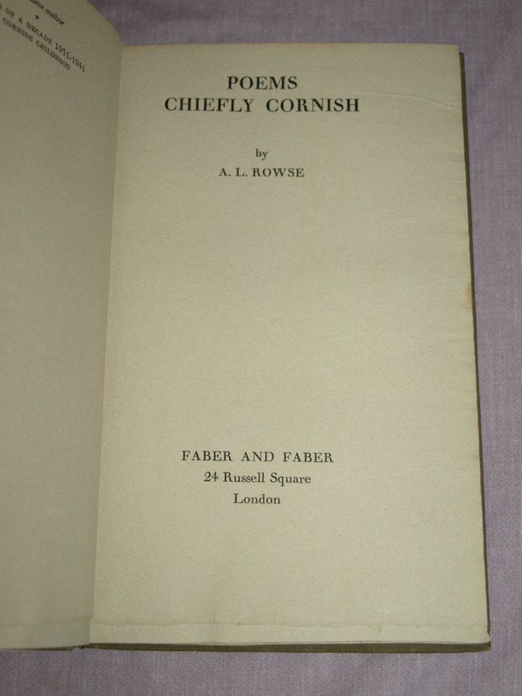 Poems Chiefly Cornish by A L Rowse.