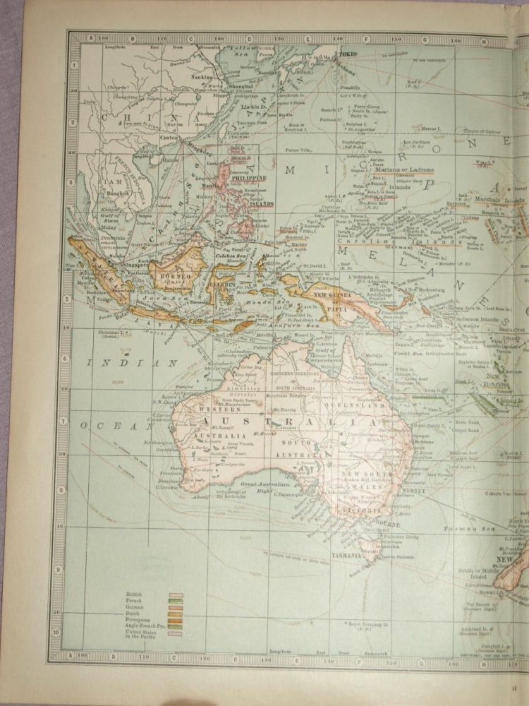 Map of Oceanica, Australia, New Zealand, Pacific Islands, 1903.