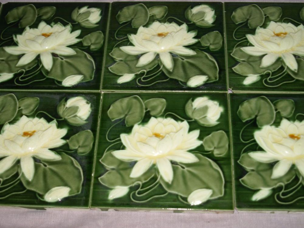 Art Nouveau Water Lily Tiles. Set of 10.