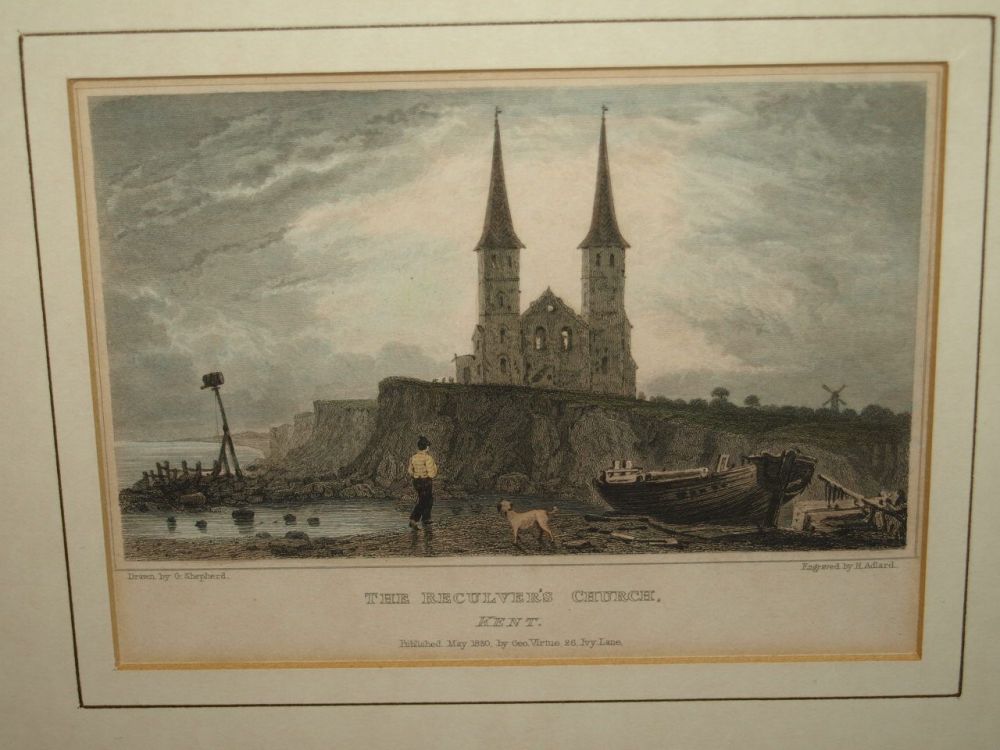 Antique Hand Tinted Engraving of The Reculver’s Church, Kent.