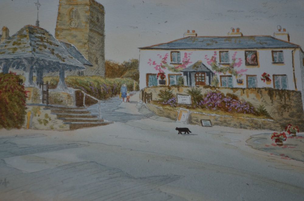 Della Riley Signed Water Colour Painting, Village Church and Inn ...