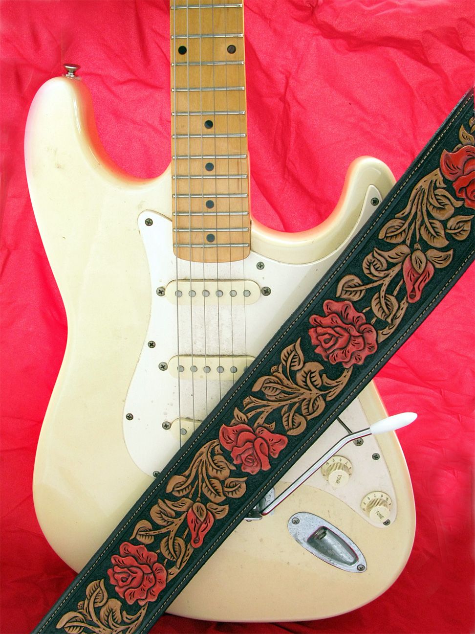 Handmade Leather Tooled Red Rose Guitar Strap in Black and Red