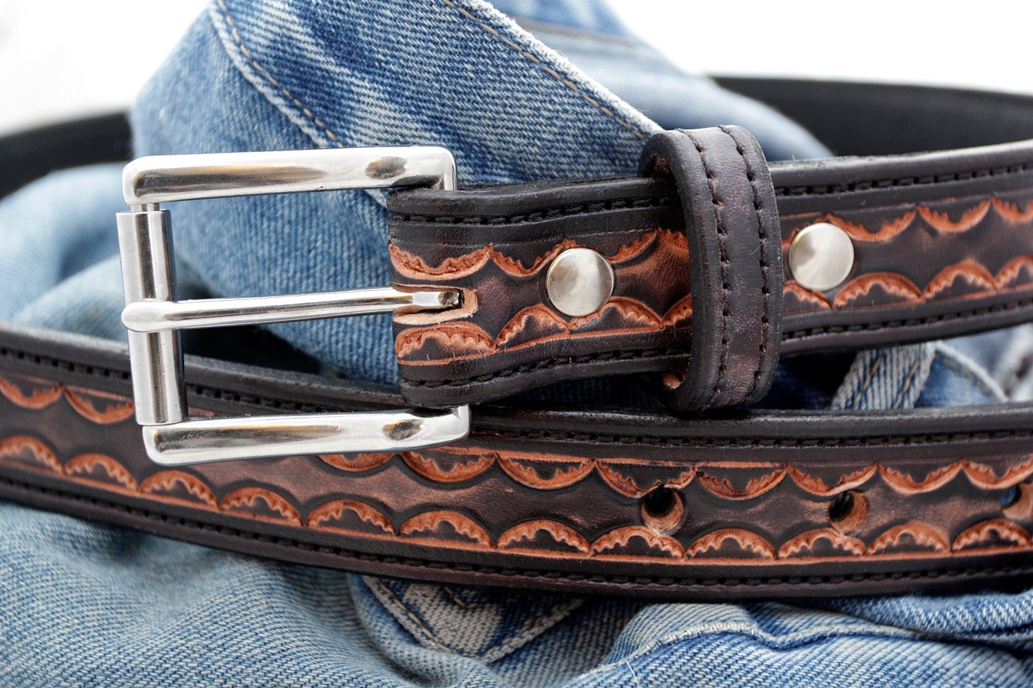 Handmade Black Leather Tooled Belt