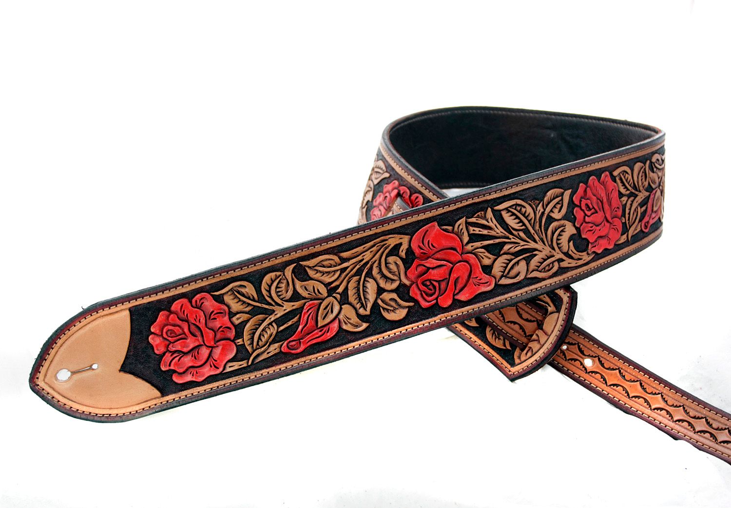 Handmade Leather Red Rose Guitar Strap