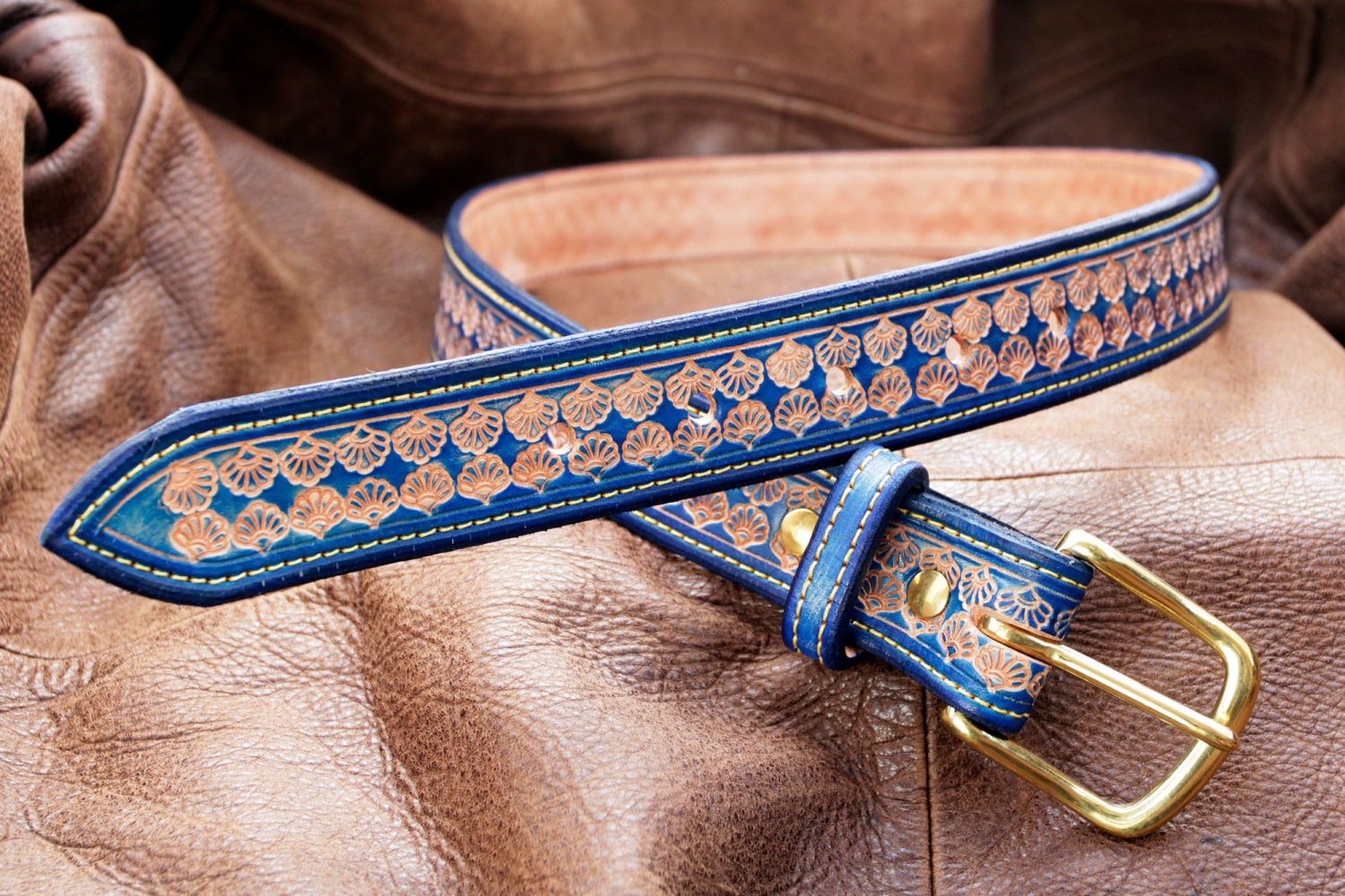 Handmade Blue Leather Seashell Belt