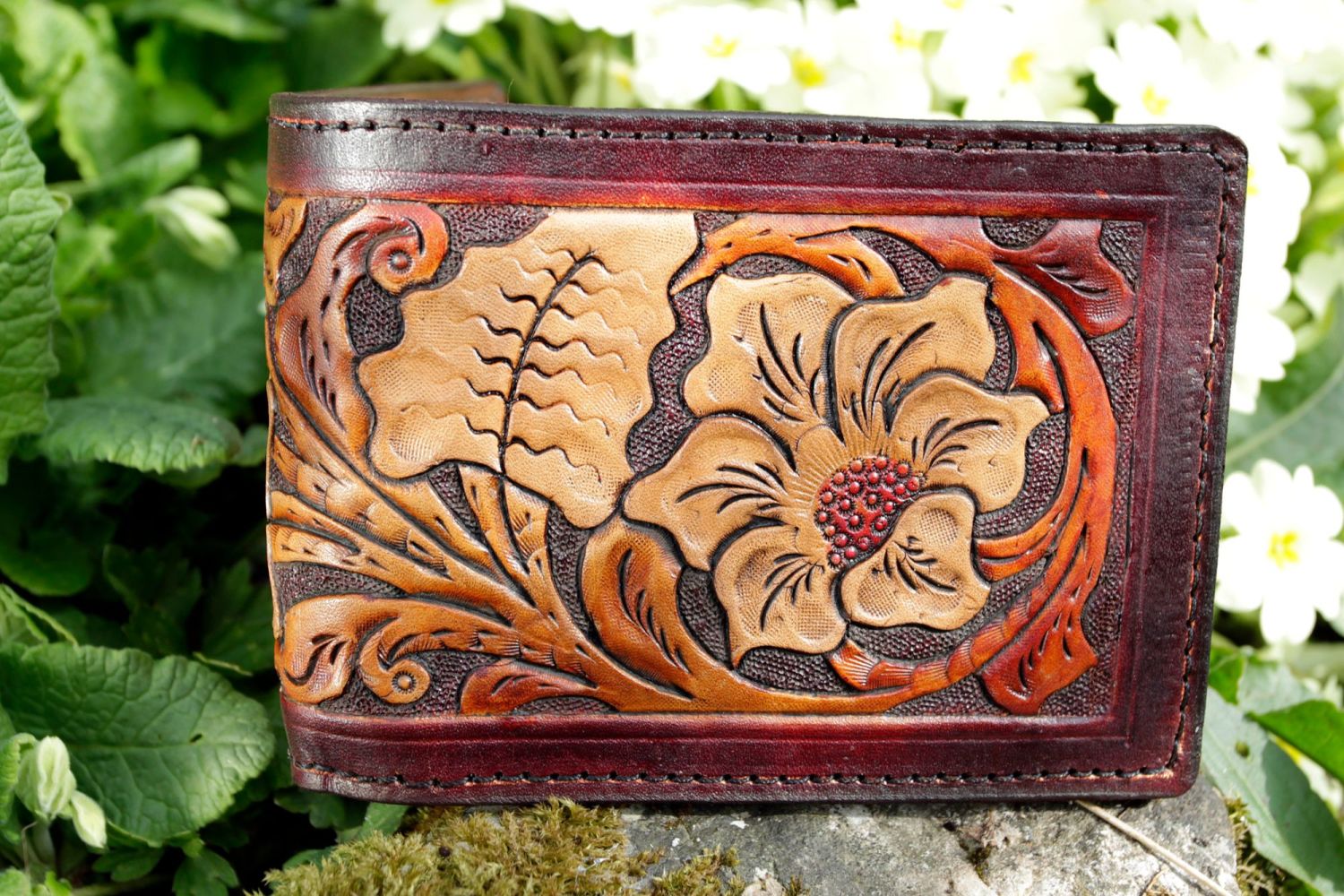 Hand Tooled Leather California Poppy Wallet