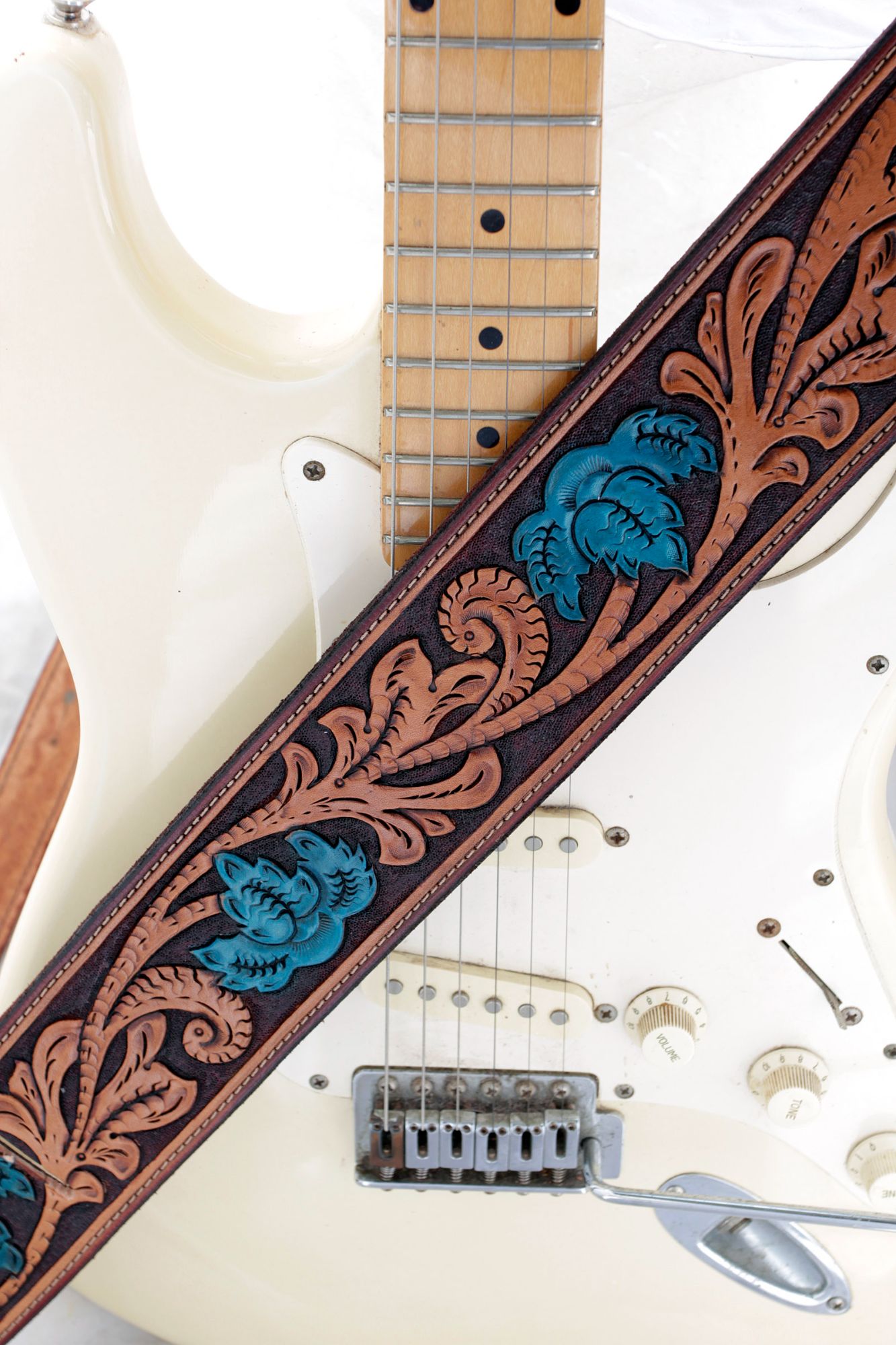 Handmade Leather Turquoise Floral Guitar Strap