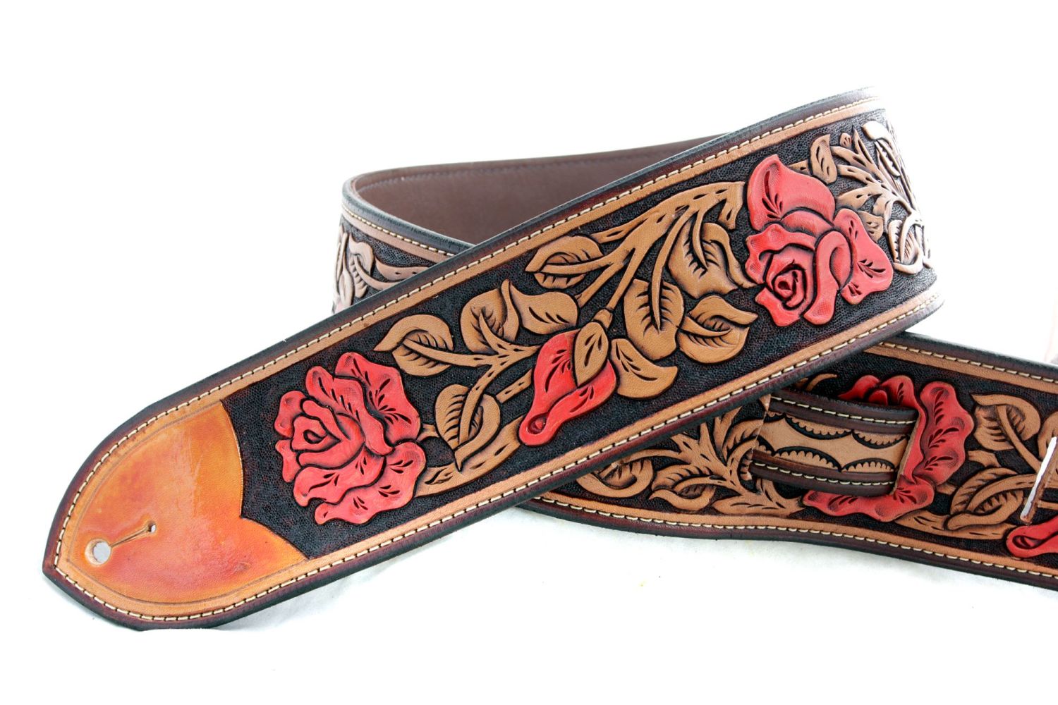 Handmade Leather Red Rose Guitar Strap