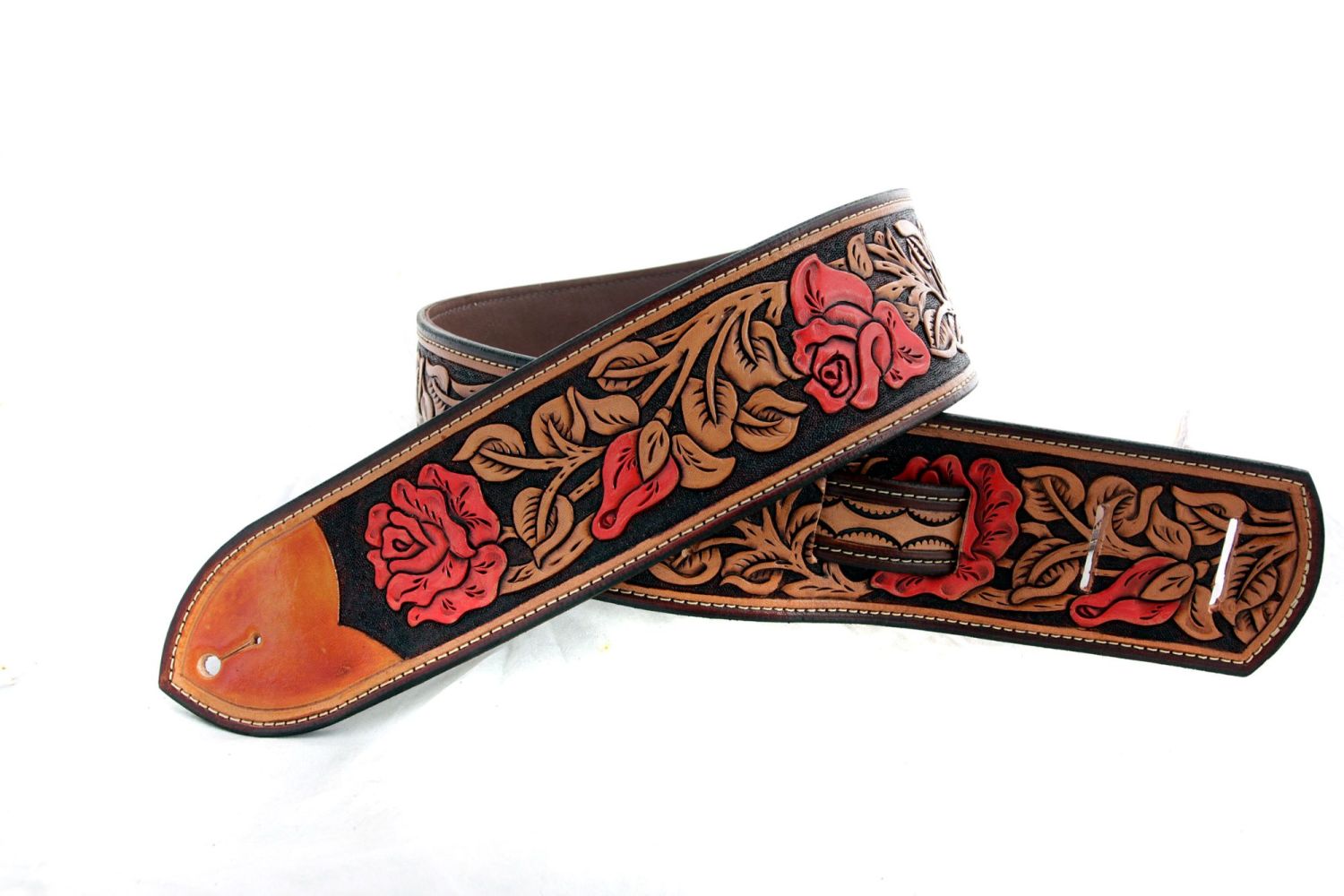 Handmade Leather Red Rose Guitar Strap