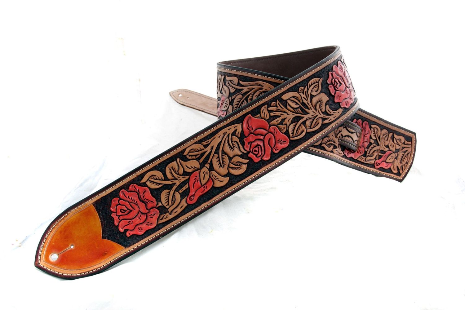 Handmade Leather Red Rose Guitar Strap