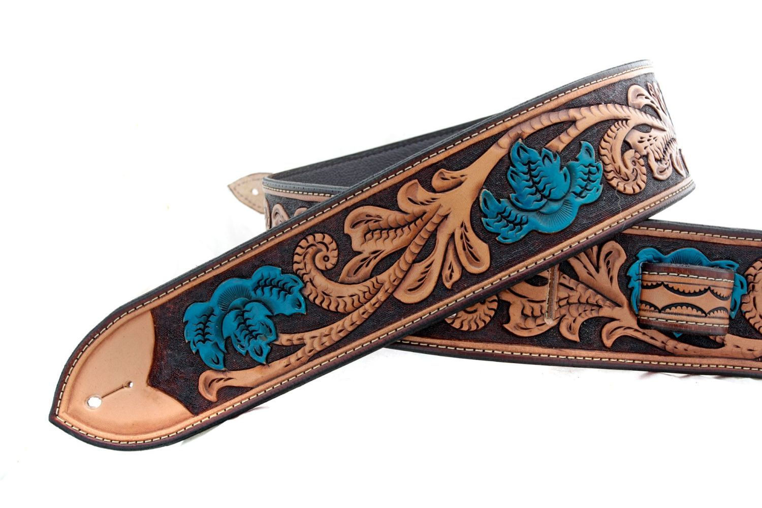 Handmade Leather Turquoise Floral Guitar Strap