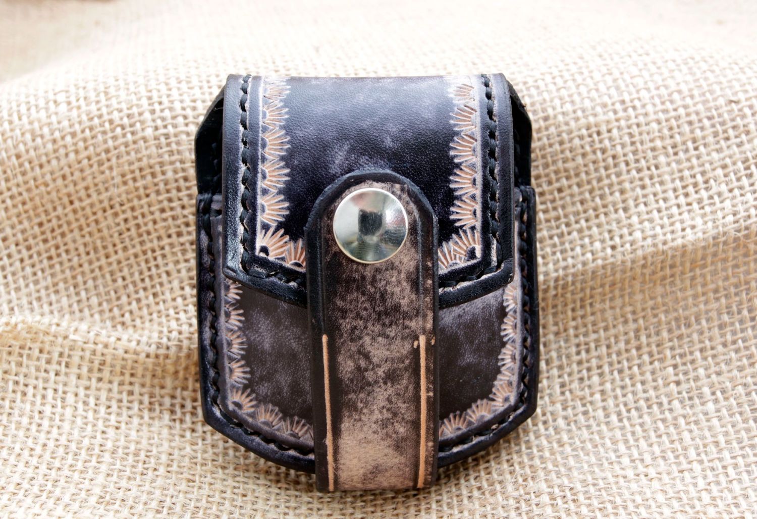 Handmade Black Leather Pocket Watch Pouch with Belt Loop