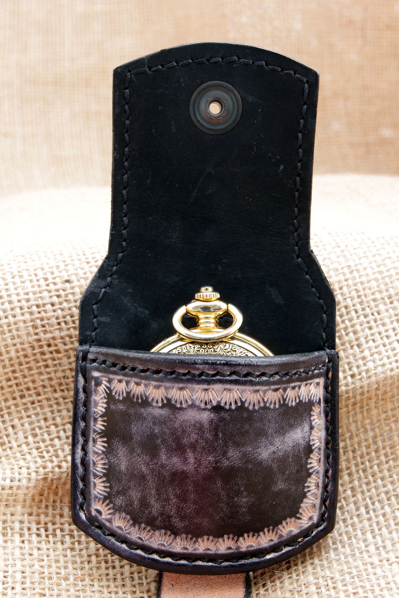 Handmade Black Leather Pocket Watch Pouch with Belt Loop