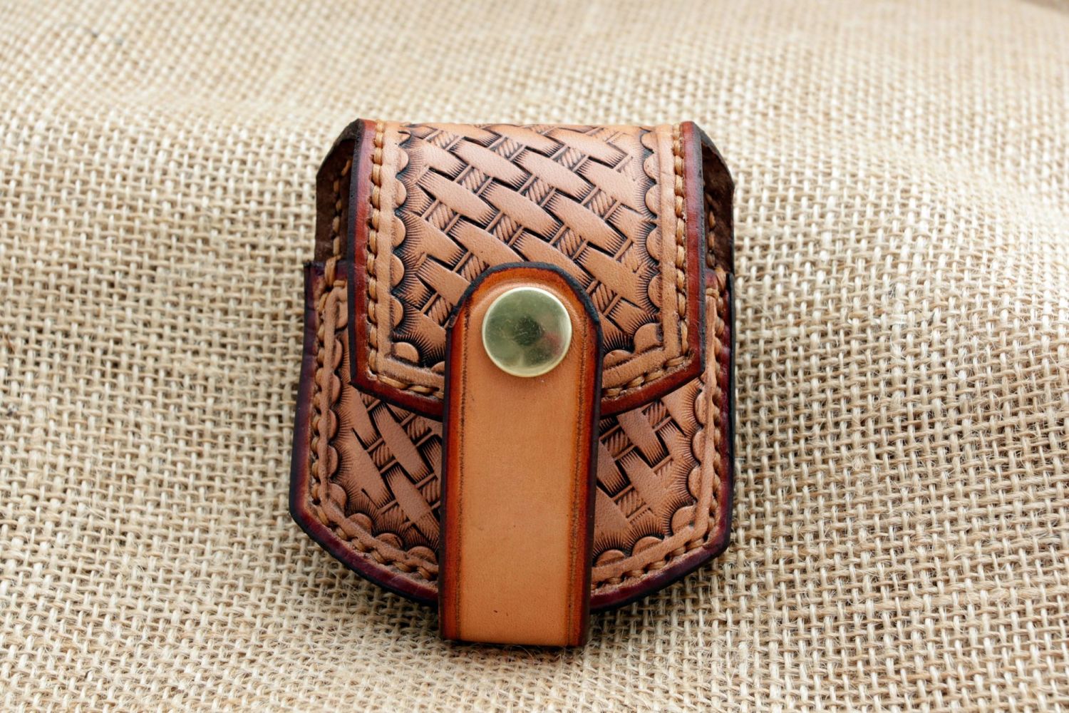 Handmade Leather Pocket Watch Pouch with Belt Loop and Basket Weave Design