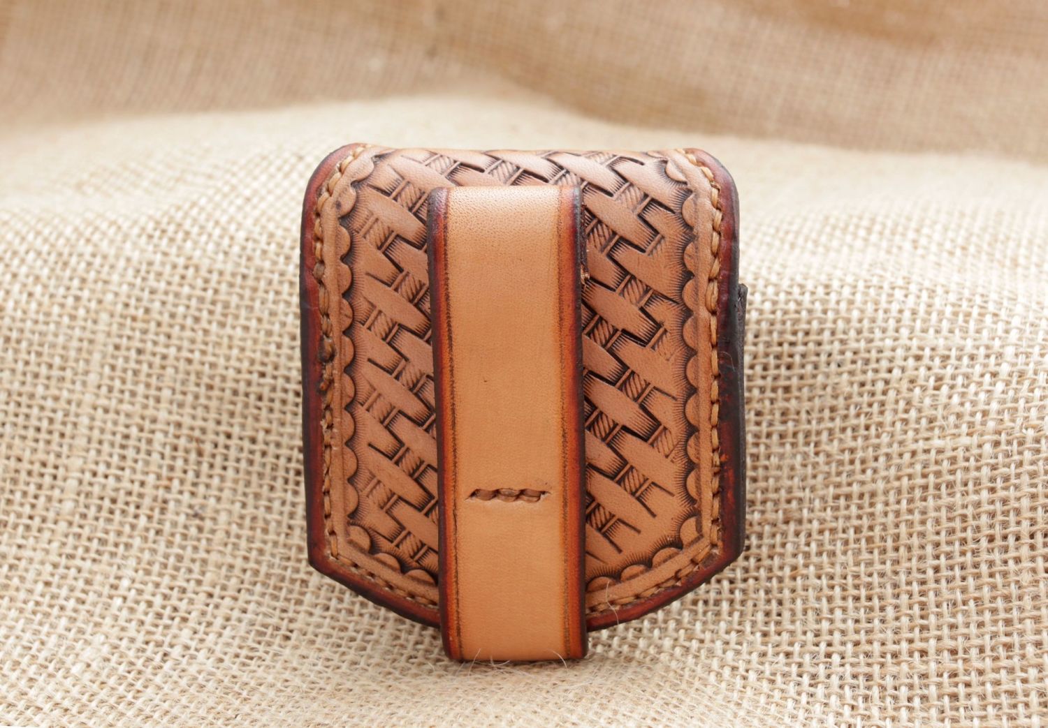 Handmade Leather Pocket Watch Pouch with Belt Loop and Basket Weave Design