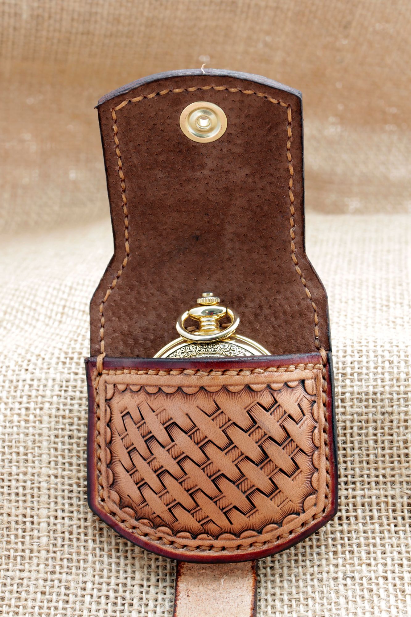 Handmade Leather Pocket Watch Pouch with Belt Loop and Basket Weave Design
