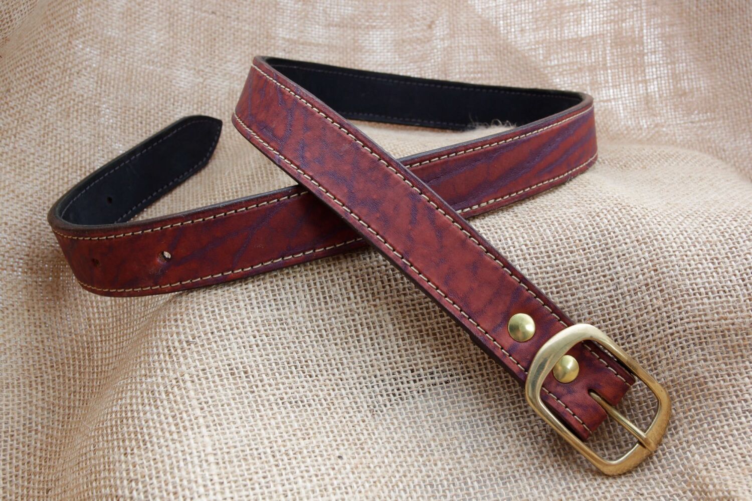 Handmade Leather Tiger Stripe Belt With Vintage Brass Buckle