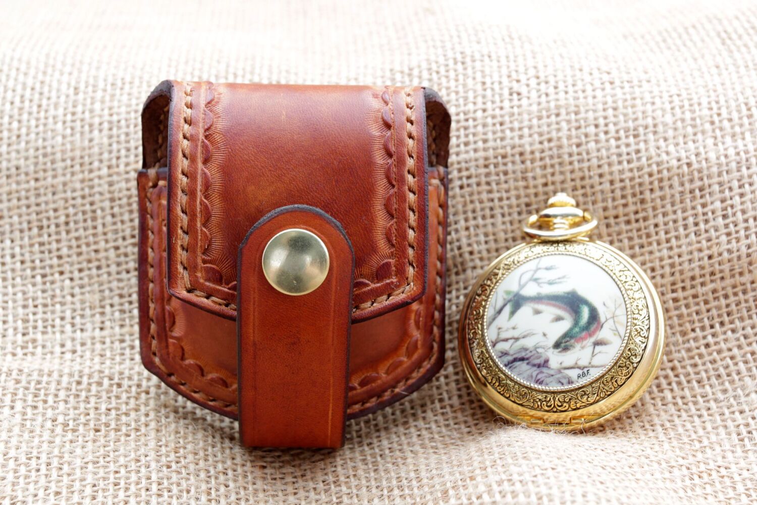 Handmade Golden Brown Leather Pocket Fob Watch Pouch