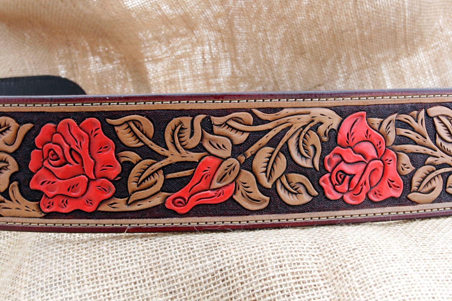 Handmade Leather Red Rose Guitar Strap
