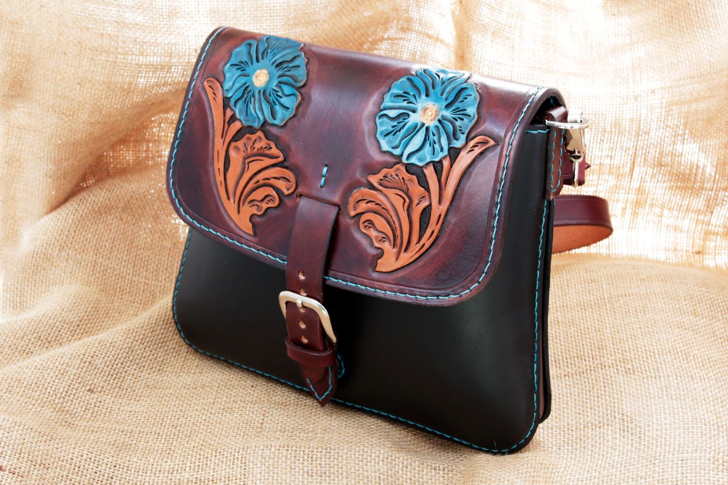 Handmade Leather Black and Turquoise Floral Tooled Shoulder Bag